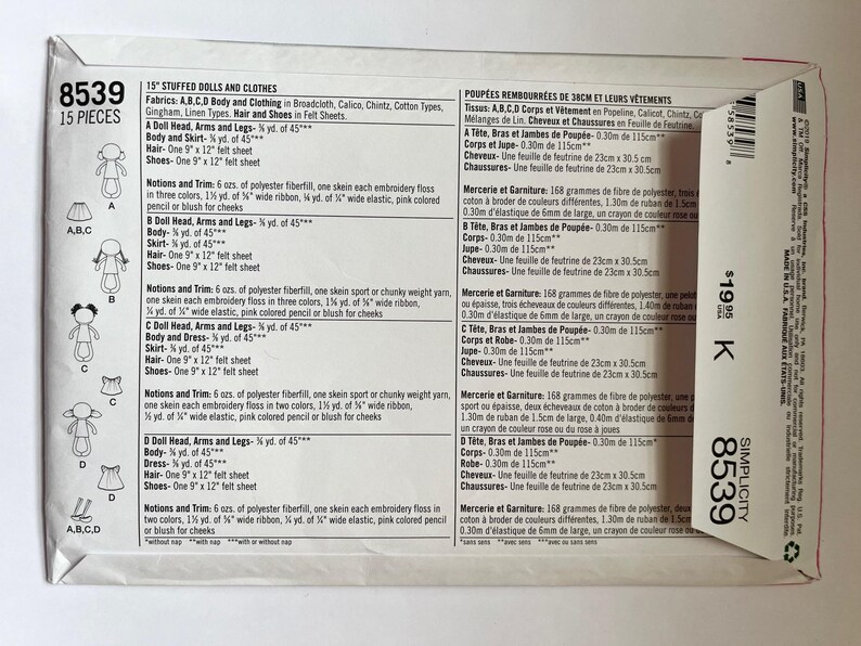 Simplicity 8539 Whimsy Dolls Soft Doll and Dress Pattern One Size - Etsy