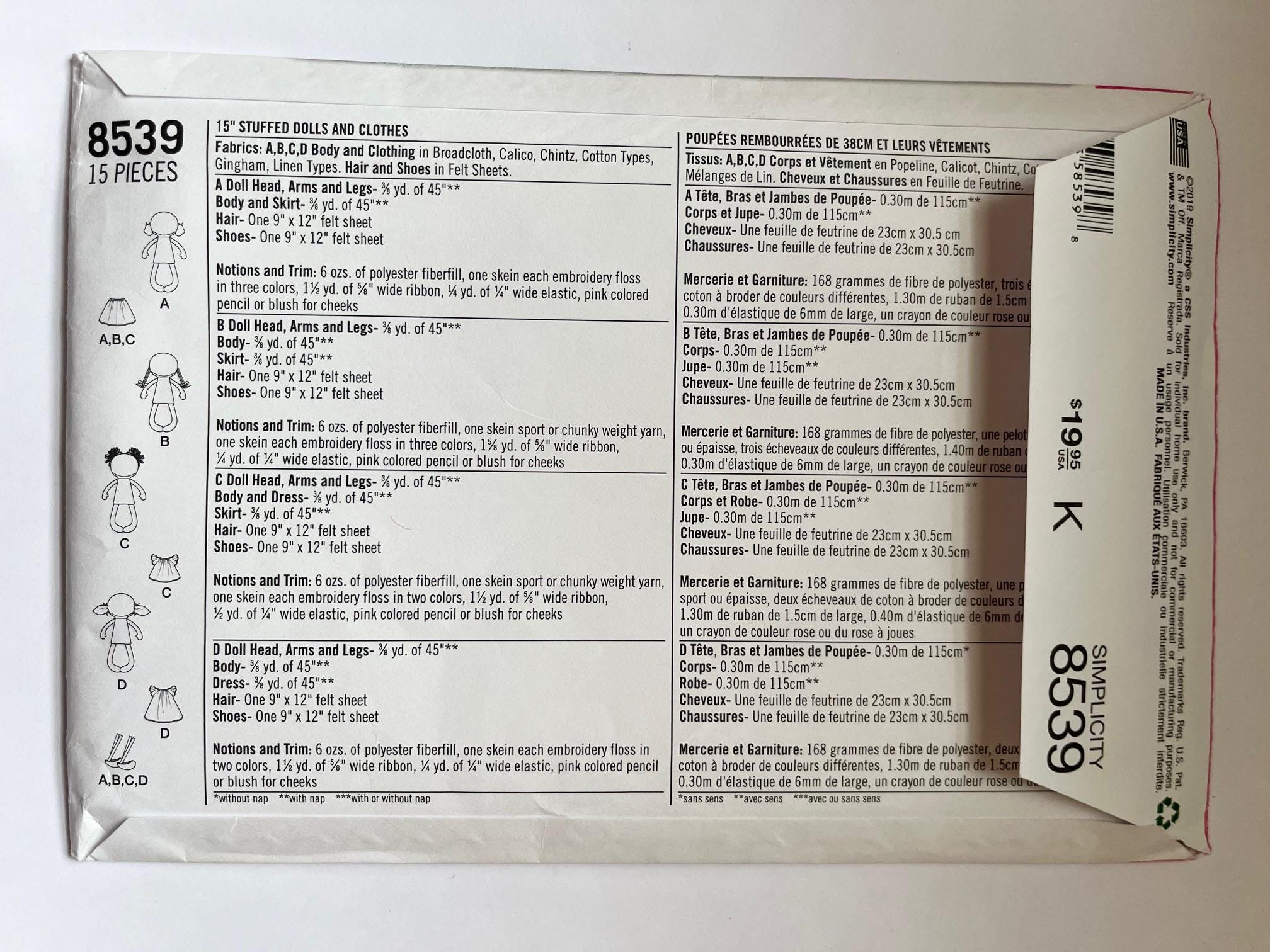 Simplicity 8539 Whimsy Dolls Soft Doll and Dress Pattern One Size - Etsy