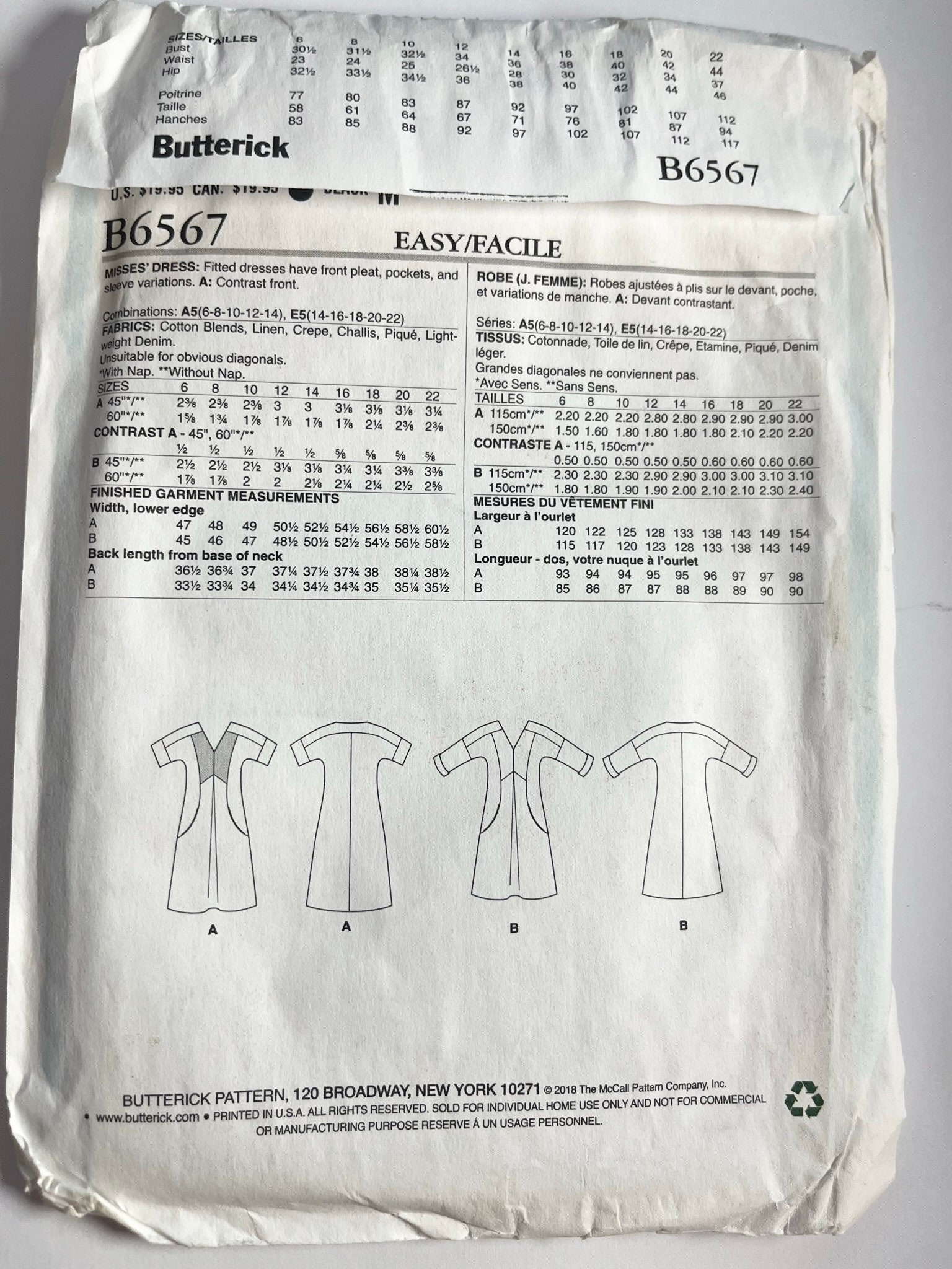 Butterick 6567 Lisette Easy Fitted Dress Pattern 6 14 - Etsy