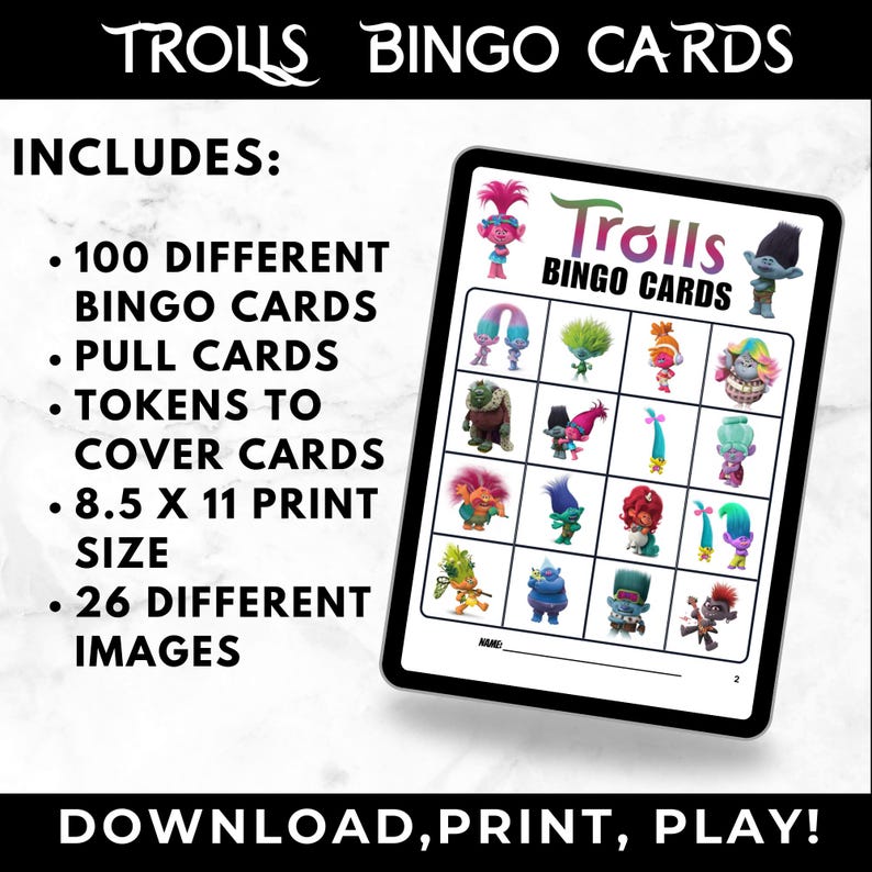 Trolls Bingo Cards | Trolls Birthday Party Game | Trolls Party Favors ...