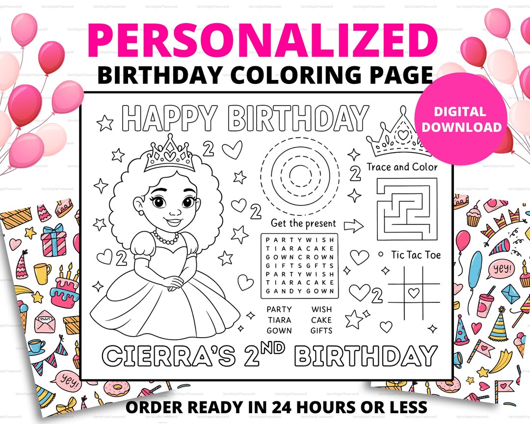 Custom Princess Birthday Coloring Page | Personalized Doll Birthday ...
