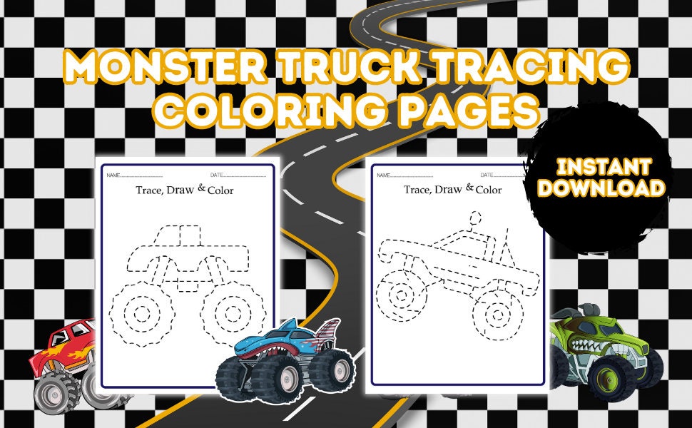 Monster Trucks Tracing Activity for Toddlers Coloring Pages - Etsy