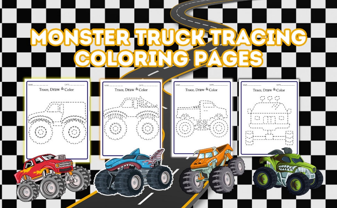 Monster Trucks Tracing Activity for Toddlers Coloring Pages - Etsy