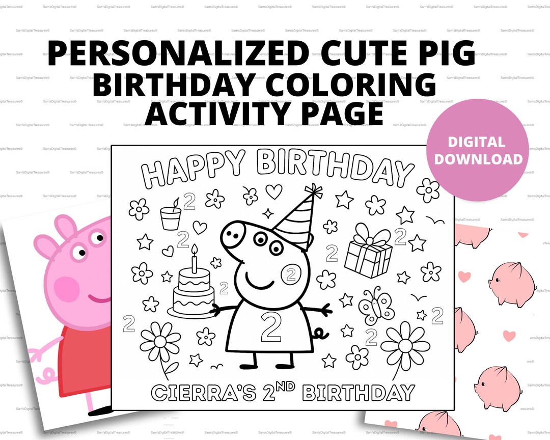 Personalized Cute Pig Birthday Coloring Page | Cute Pig Birthday Party ...