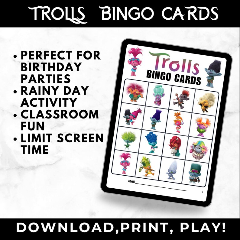 Trolls Bingo Cards | Trolls Birthday Party Game | Trolls Party Favors ...