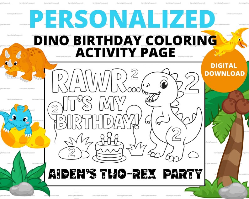 Happy Birthday T-rex Coloring Page | Dinosaur Birthday Printable | Kids ...