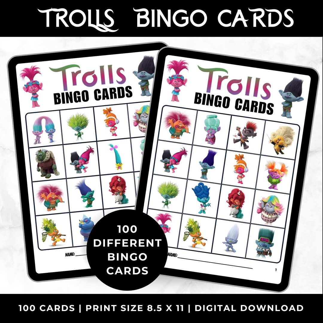 Trolls Bingo Cards | Trolls Birthday Party Game | Trolls Party Favors ...