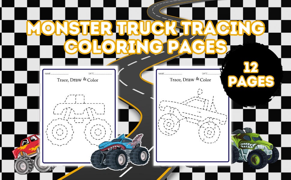 Monster Trucks Tracing Activity for Toddlers Coloring Pages - Etsy