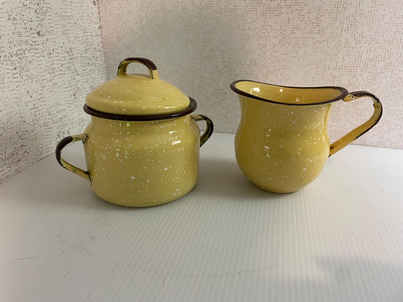 Vintage Yellow Graniteware Enamelware Cream Pitcher and Sugar Bowl With ...