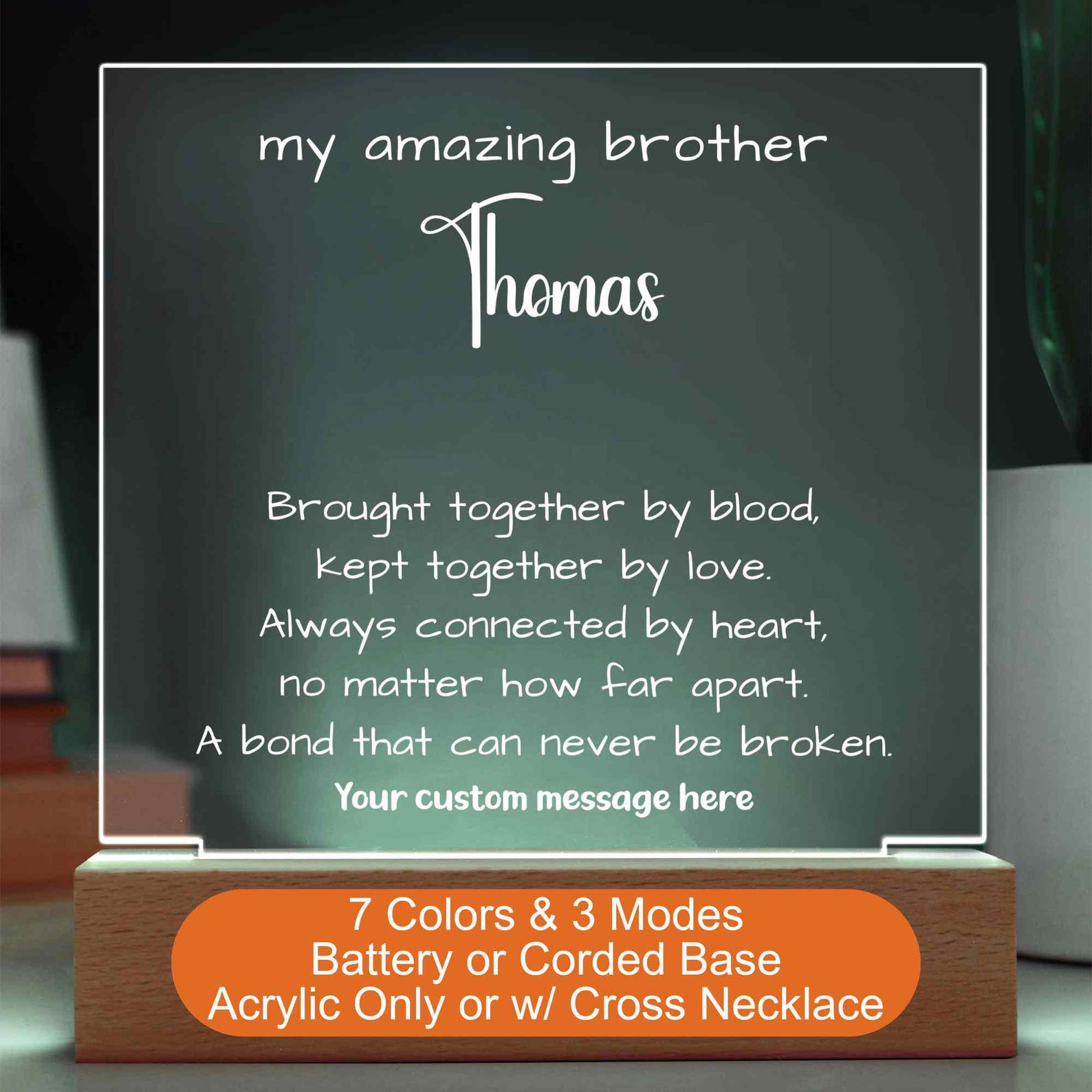 Brother Gift Name Custom Acrylic Plaque Cross Necklace LED Light ...