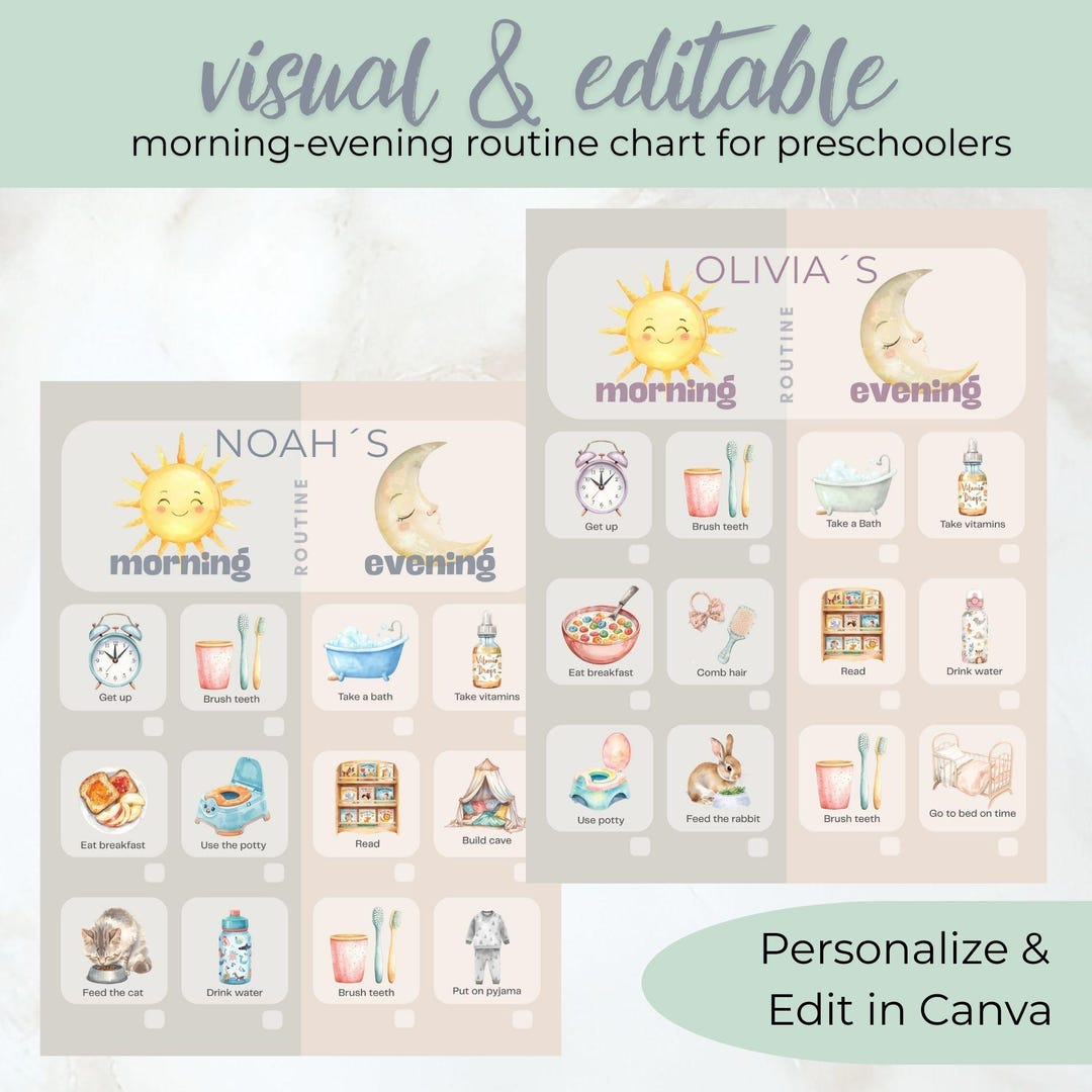 Morning Bedtime Routine Chart for Preschoolers, Editable Canva Template ...
