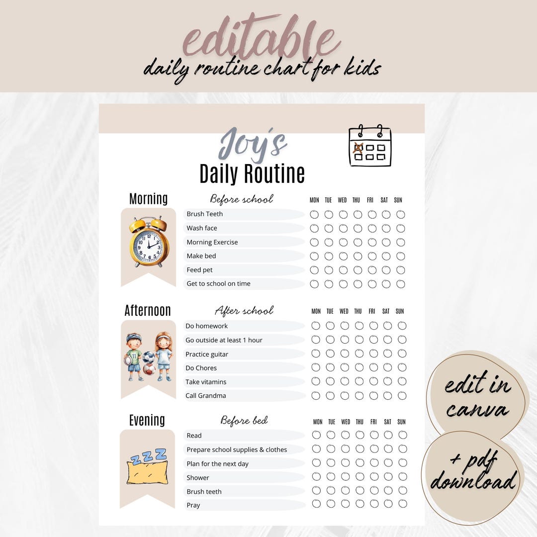 Kids Daily Routine Calendar, Morning After School and Bedtime Schedule ...