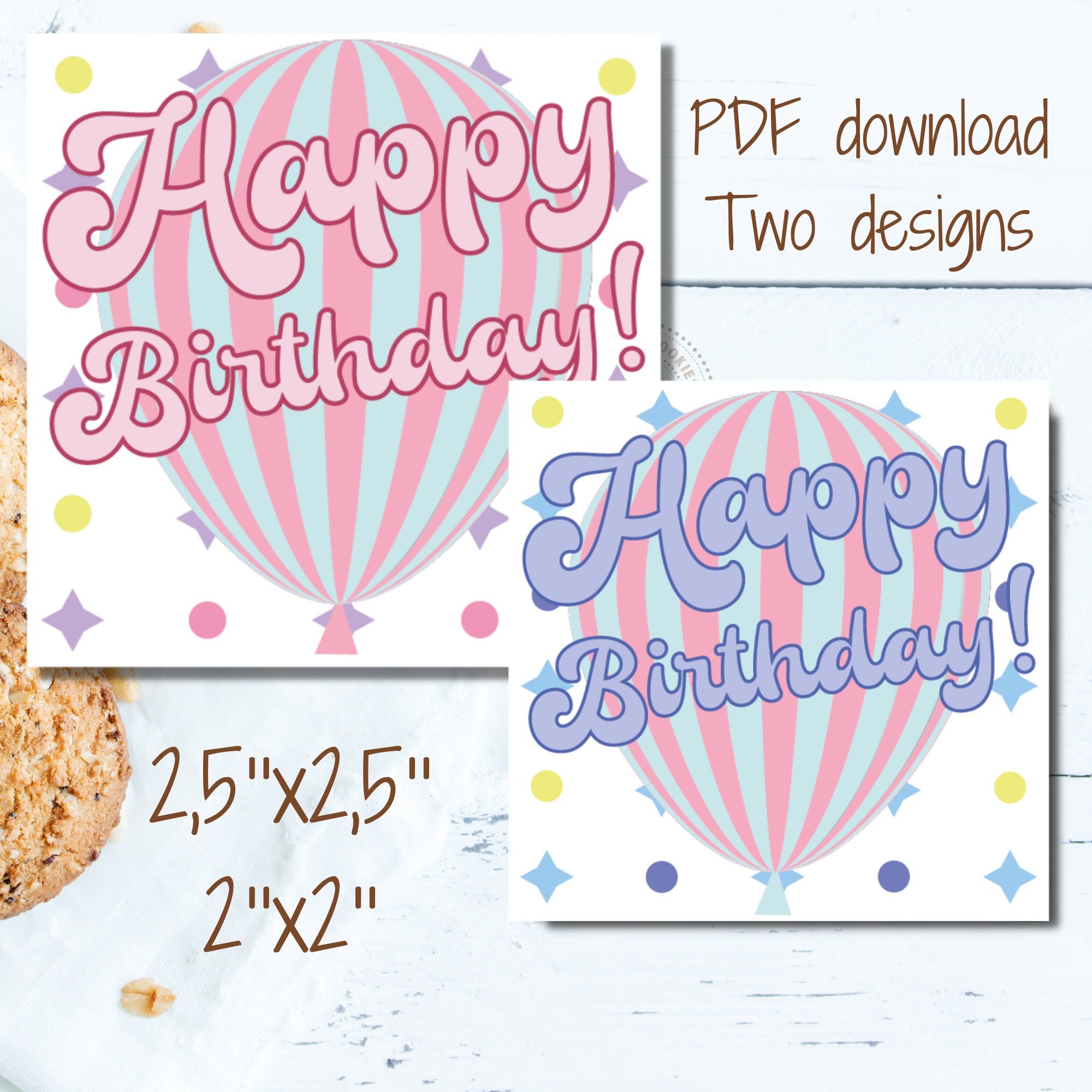 Happy Birthday Printable Cookie Card, Pink and Blue Birthday Digital ...