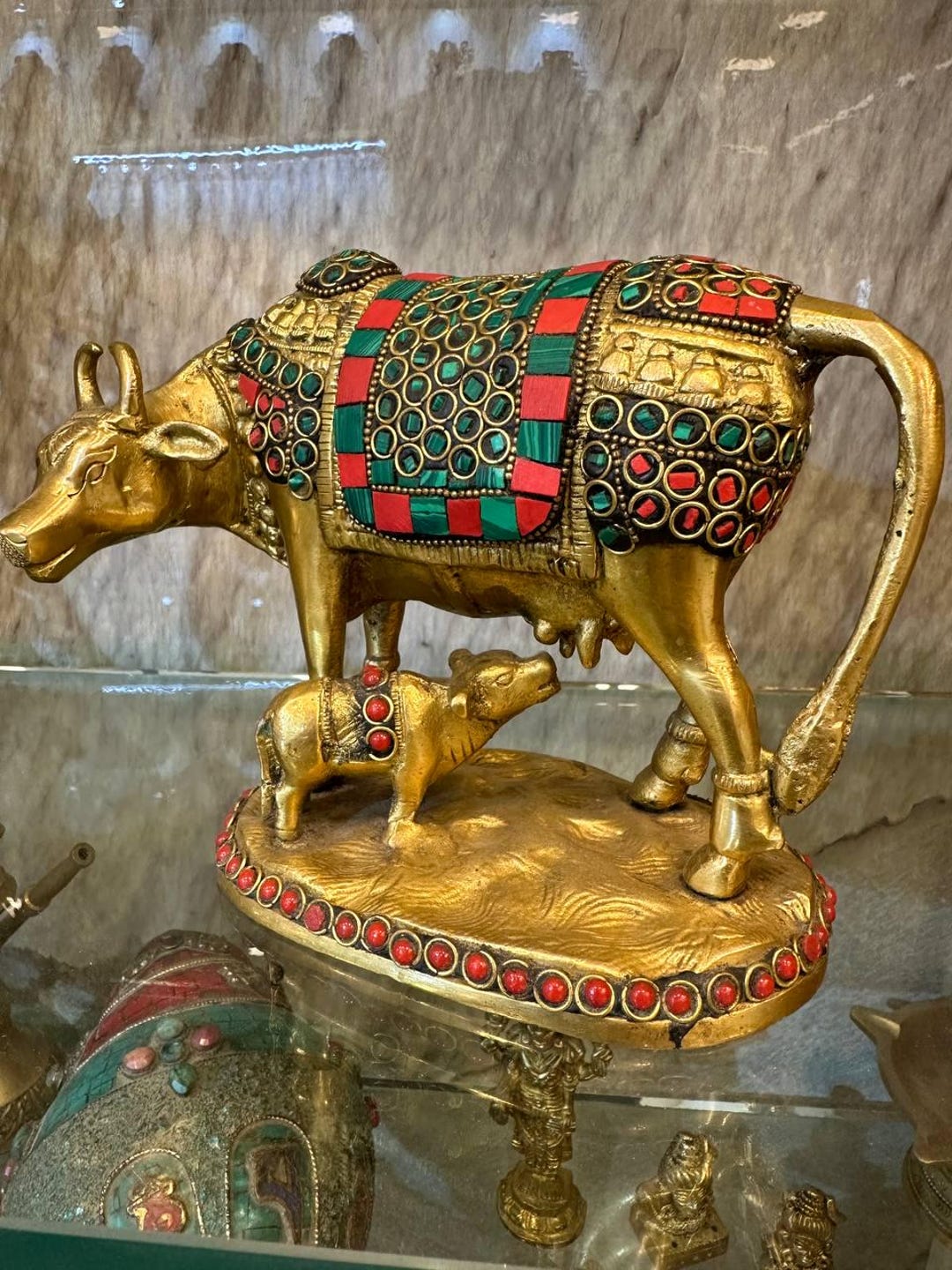 18 Cm Kamdhenu Cow Calf Statue | Inlay Stone Work Cow Idol | Holy ...