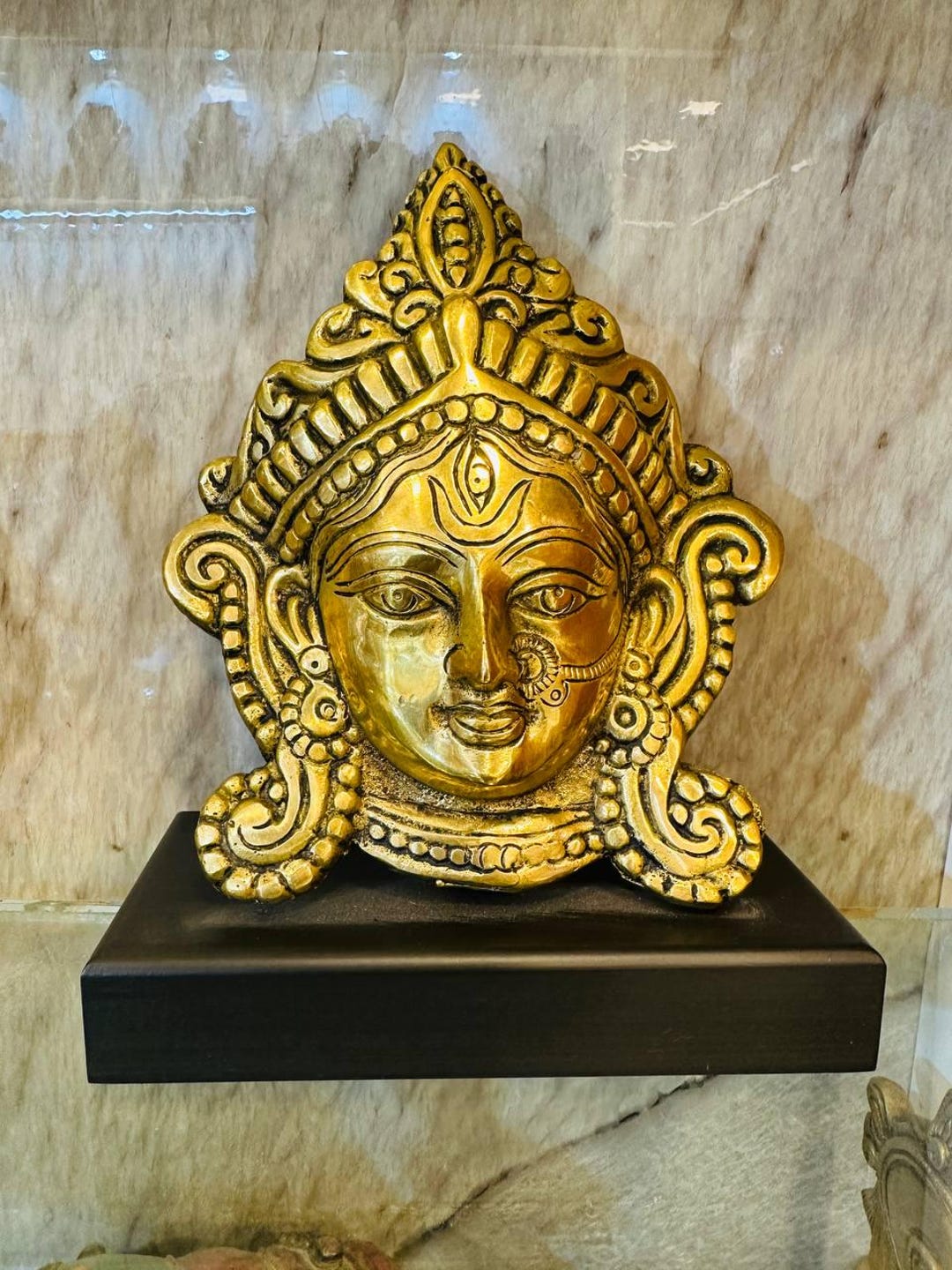 Goddess Durga Brass Metal Face Mask With Wooden Stand, 21 Cm, Tabletop ...