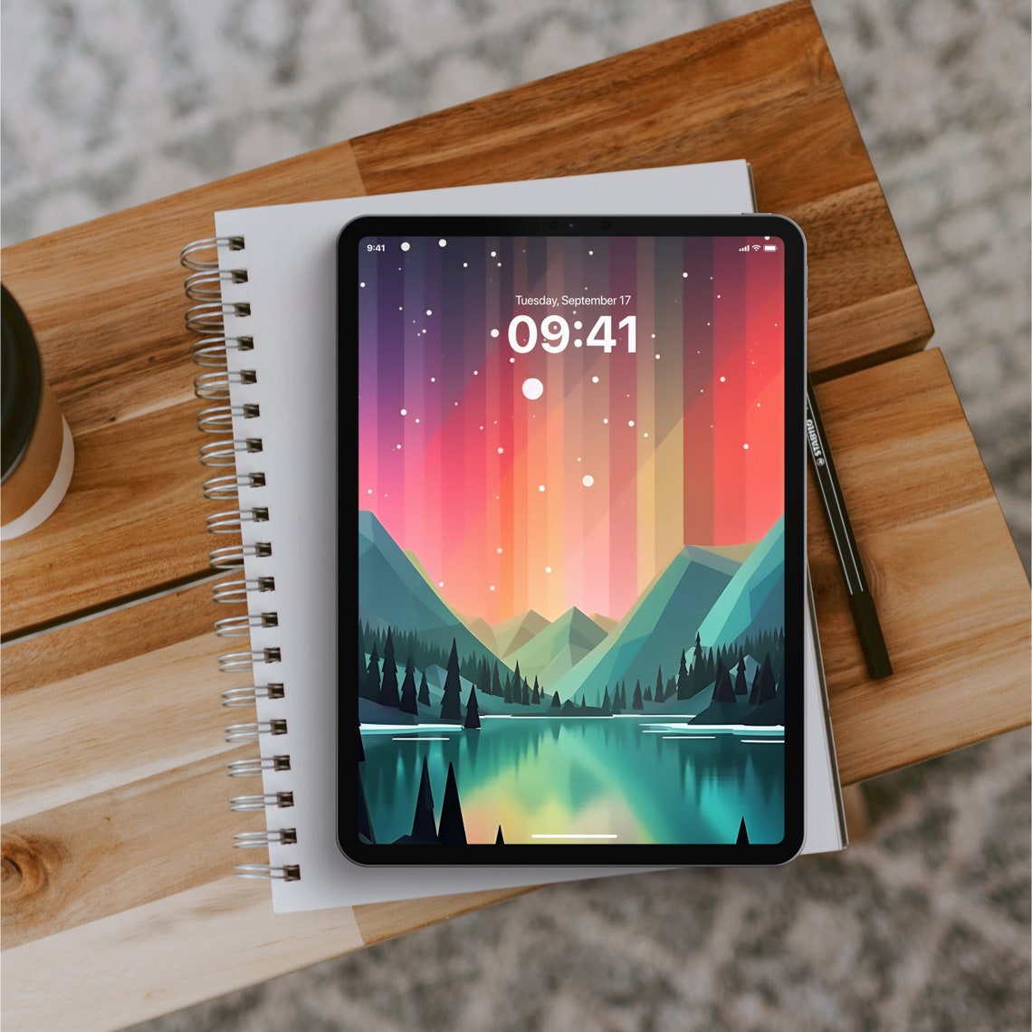 Northern Lights Ipad Wallpaper Vector Sky With Sea - Etsy