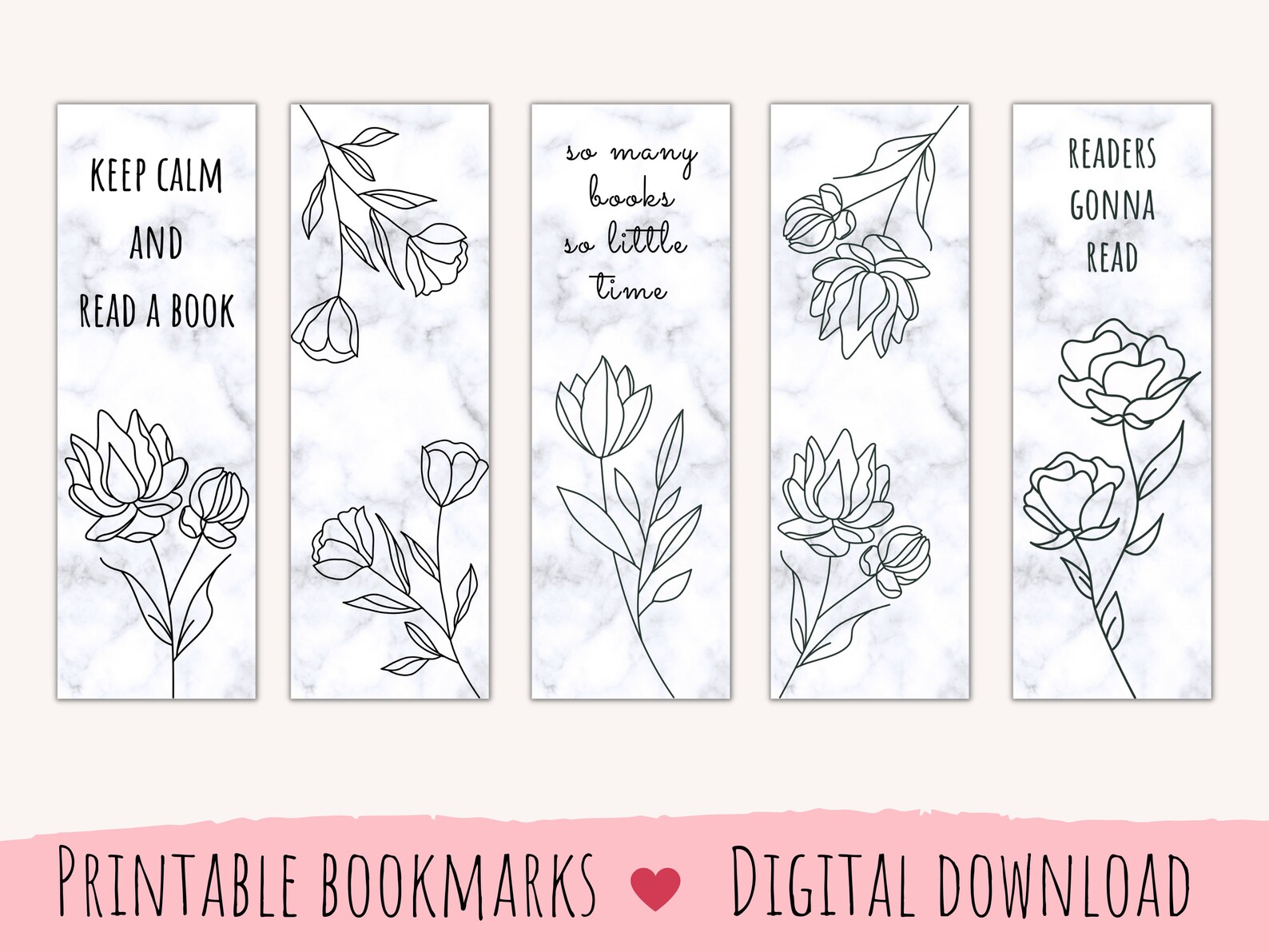 PRINTABLE BOOKMARK SET I Marble & Flower Designed Bookmark Set With ...