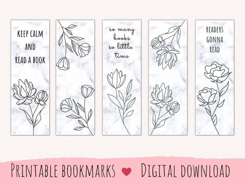PRINTABLE BOOKMARK SET I Marble & Flower Designed Bookmark Set With ...