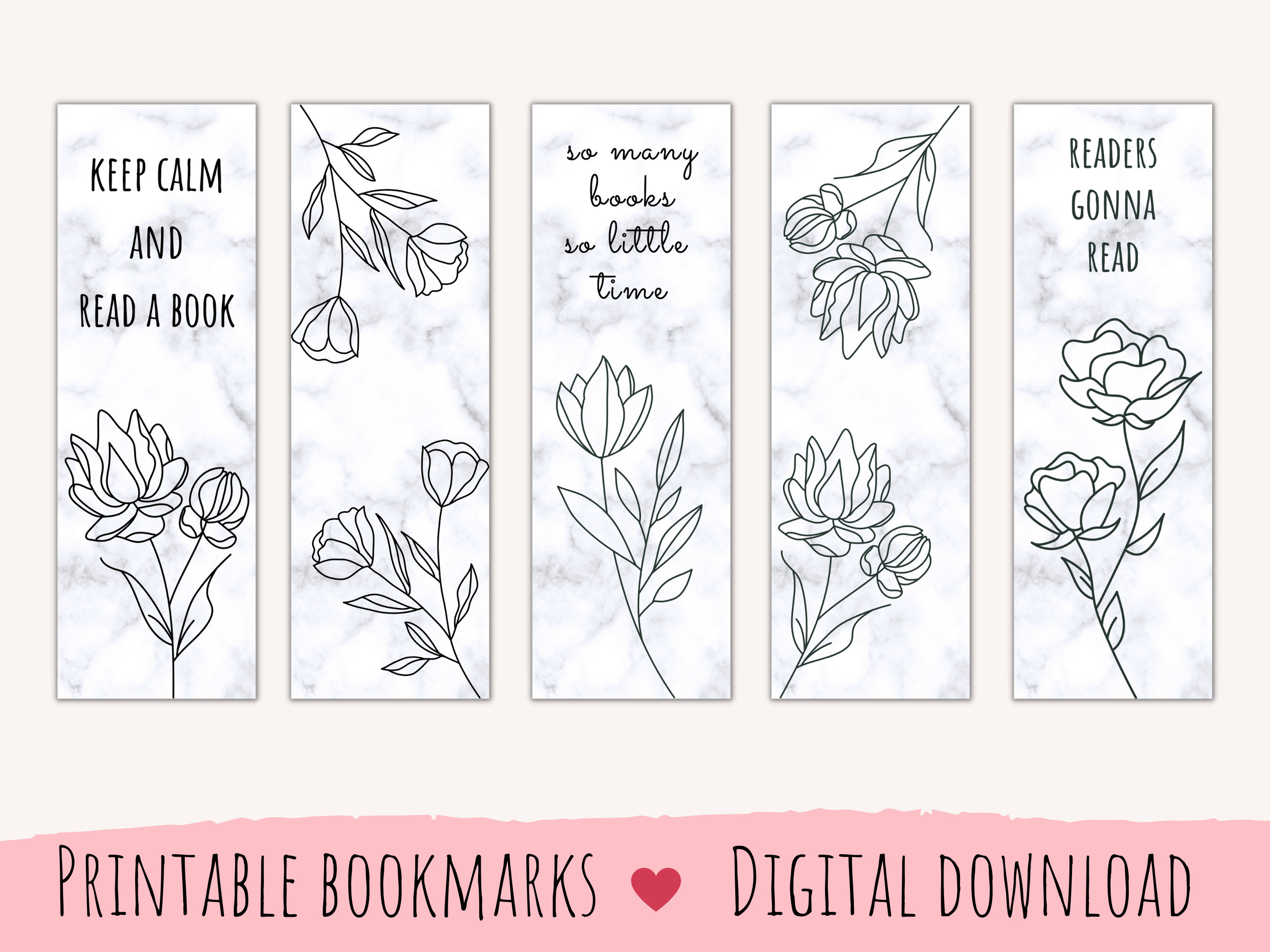PRINTABLE BOOKMARK SET I Marble & Flower Designed Bookmark Set With ...
