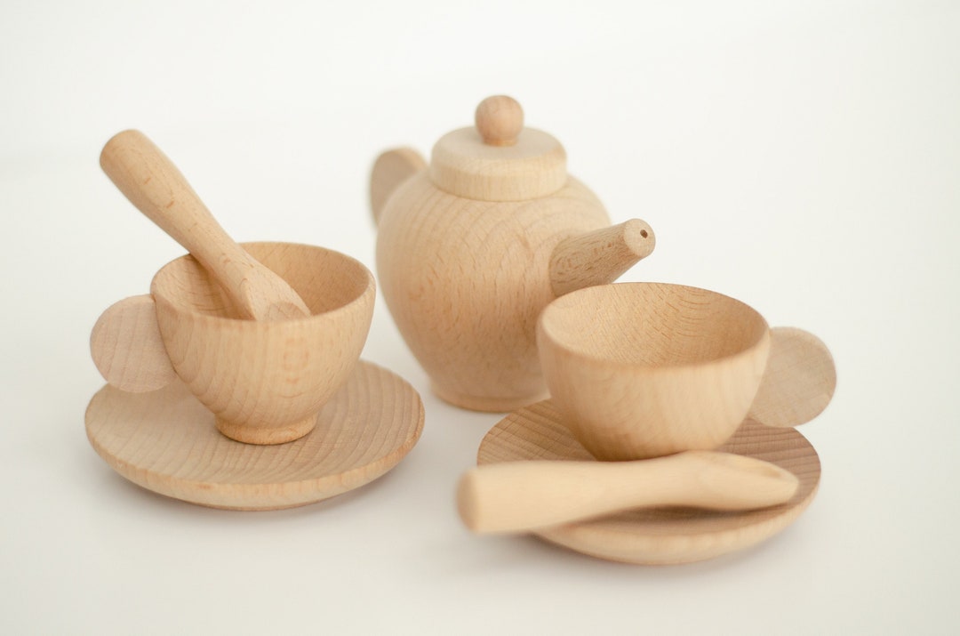 Wooden Pretend Play Tea Set - 7 Piece - 100% Beech Wood, Earth-friendly ...