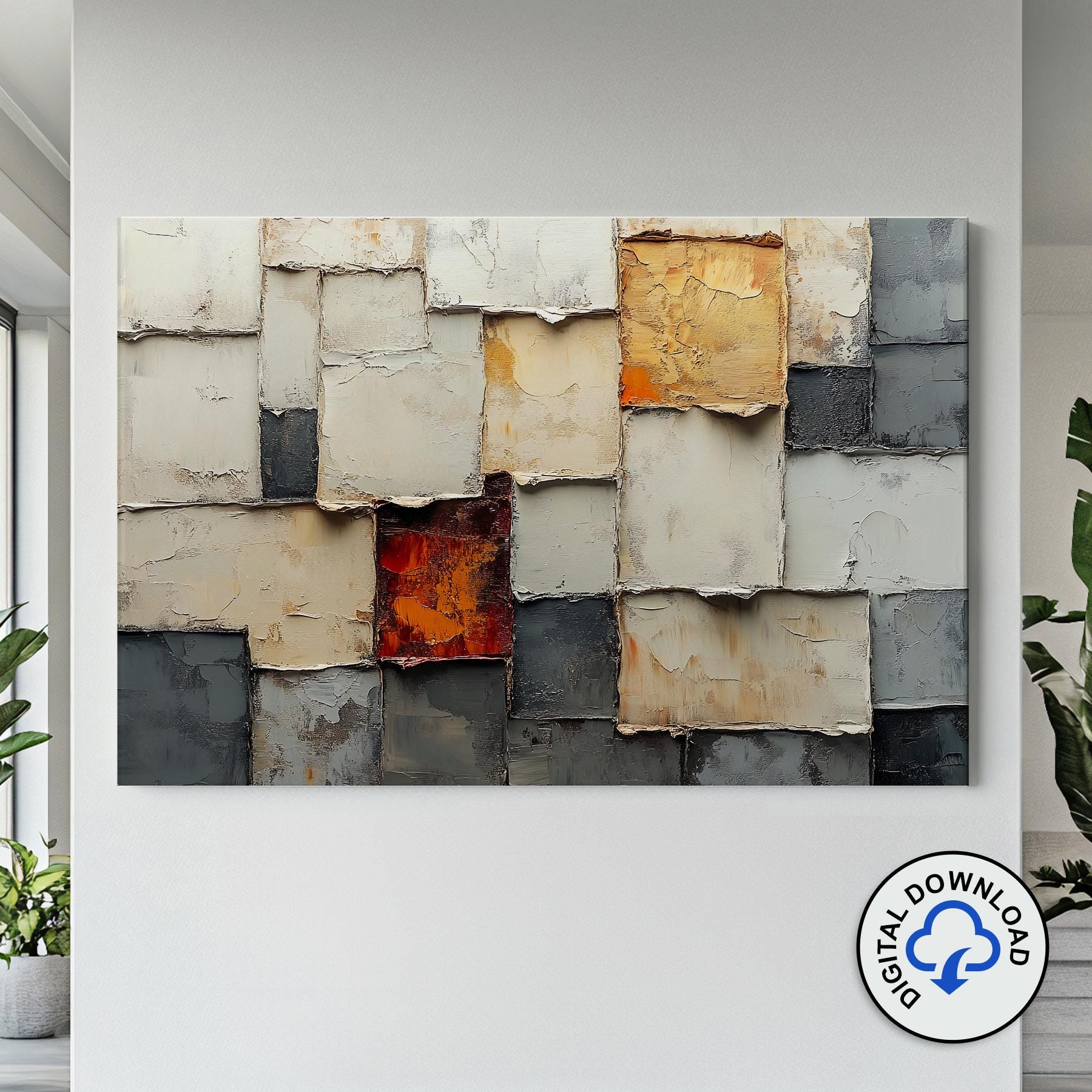 Modern Abstract Wall Artwork - Neutral Patchwork Layers - Beige, Gray ...