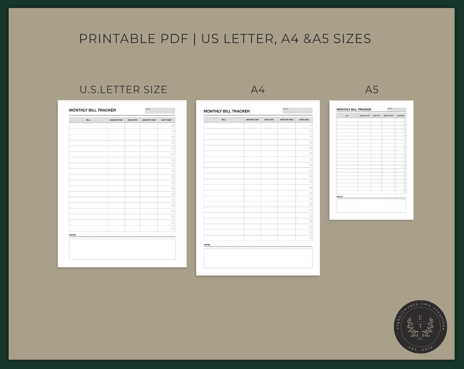 Printable Monthly Bill Tracker, Financial Log, Expense Planner, US ...