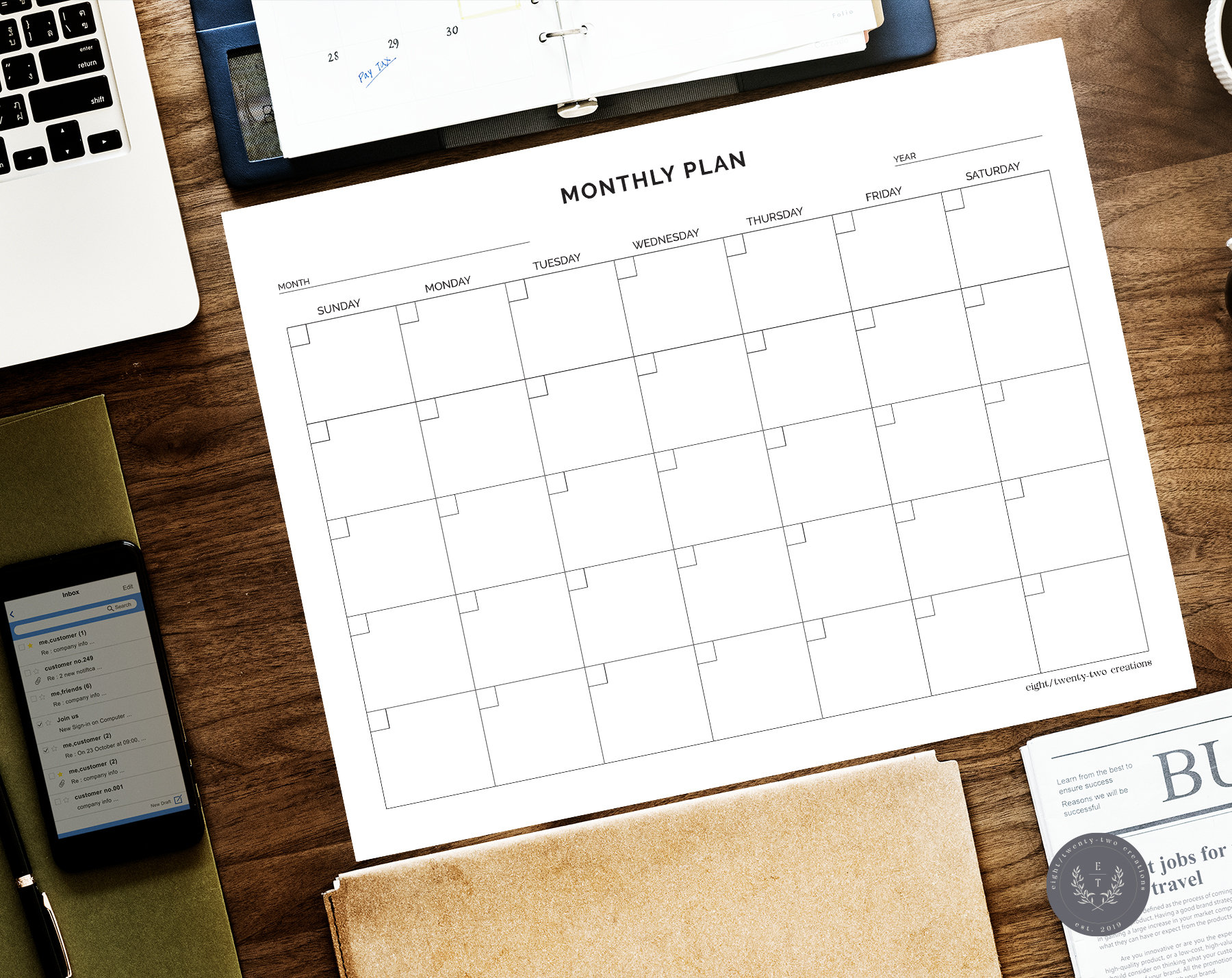 Monthly Planner and Calendar Printable and Fillable PDF, Personal and ...