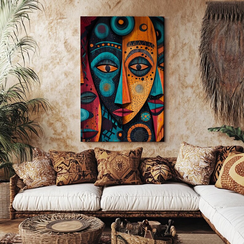 Abstract African Faces Canvas Giclee Print, Colorful Tribal Modern Wall ...