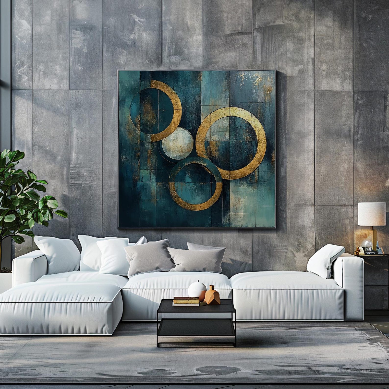 Modern Abstract Geometric Art, Gold Circle Wall Decor, Teal & Gold ...