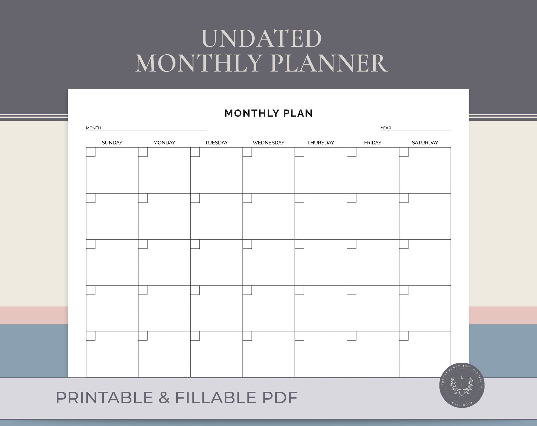 Monthly Planner and Calendar Printable and Fillable PDF, Personal and ...