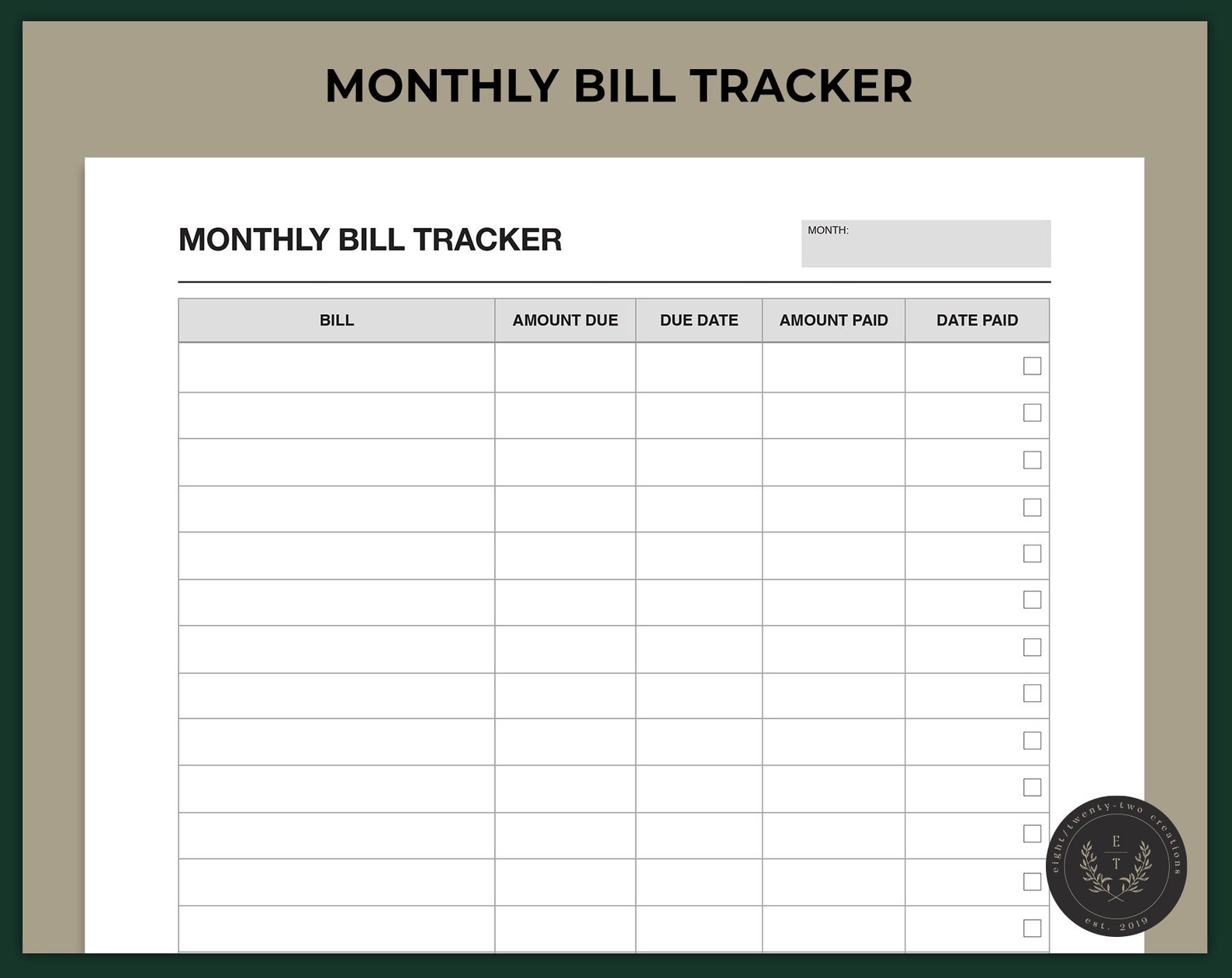 Printable Monthly Bill Tracker, Financial Log, Expense Planner, US ...