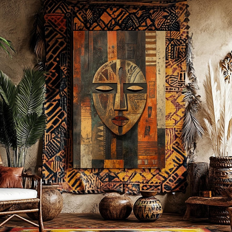 African Tribal Mask Wall Art – Modern Abstract Canvas Giclee Print for ...