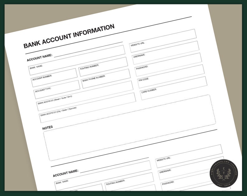 Bank Account Information Tracker Printable, Bank Information Log, PDF ...