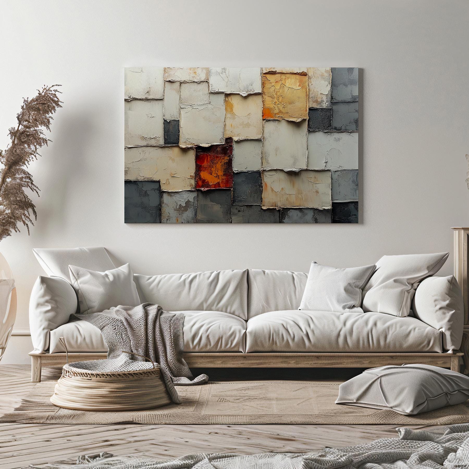 Modern Abstract Wall Artwork - Neutral Patchwork Layers - Beige, Gray ...
