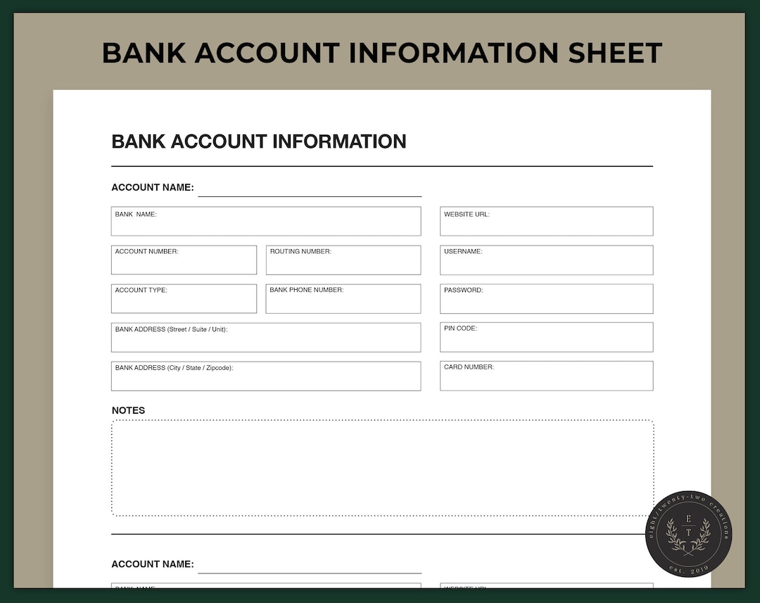 Bank Account Information Tracker Printable, Bank Information Log, PDF ...