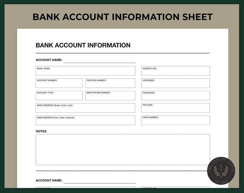 Bank Account Information Tracker Printable, Bank Information Log, PDF ...