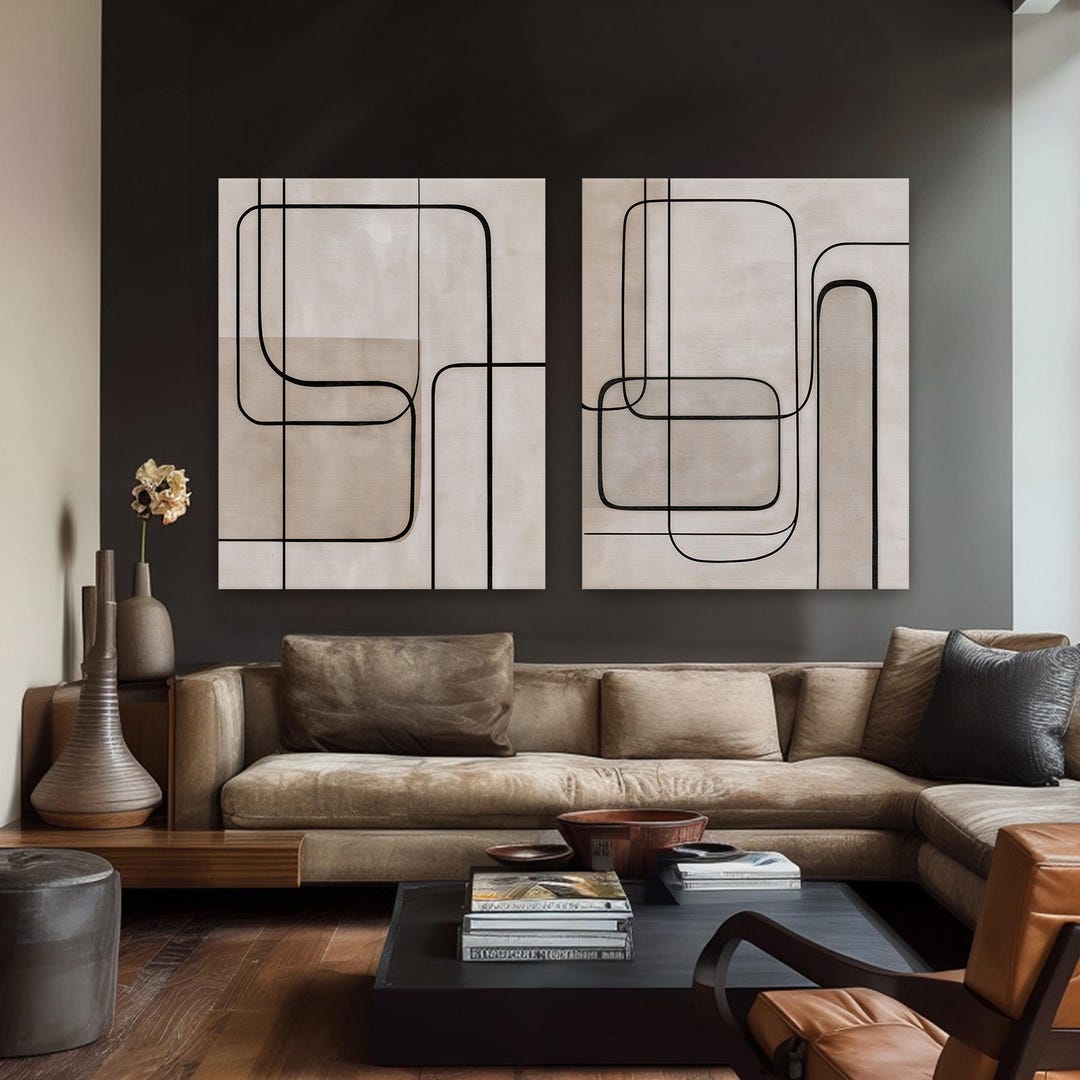 Modern Abstract Diptych Canvas Wall Art Beige Black Minimalist Decor - Etsy