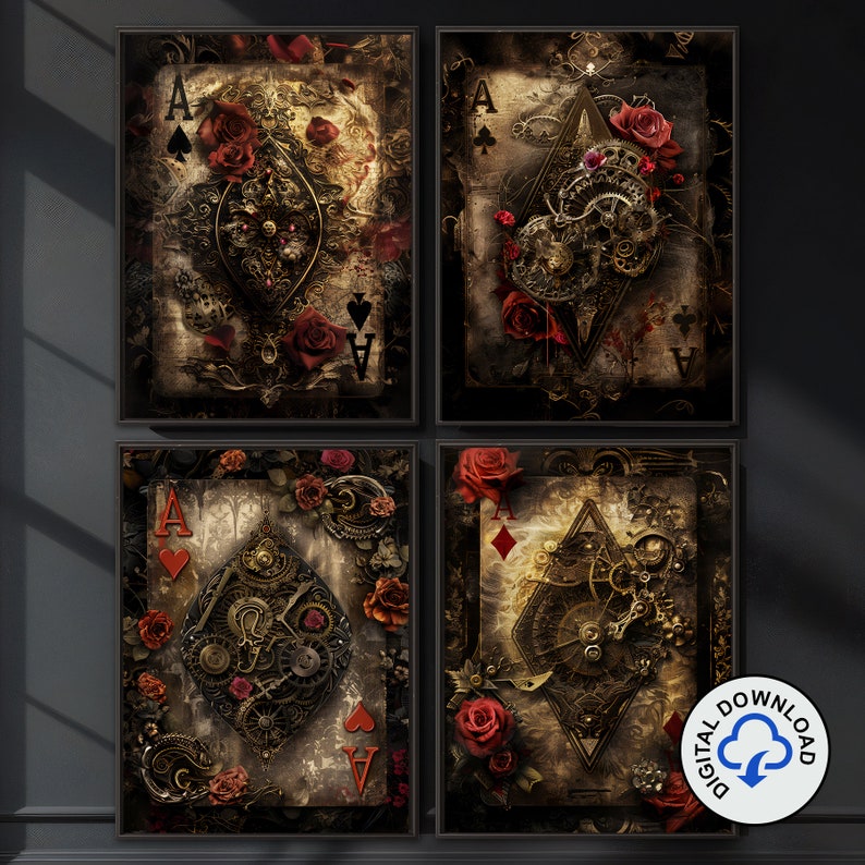 Steampunk Playing Card Wall Art Set 4 Piece Printable ACE Collection ...