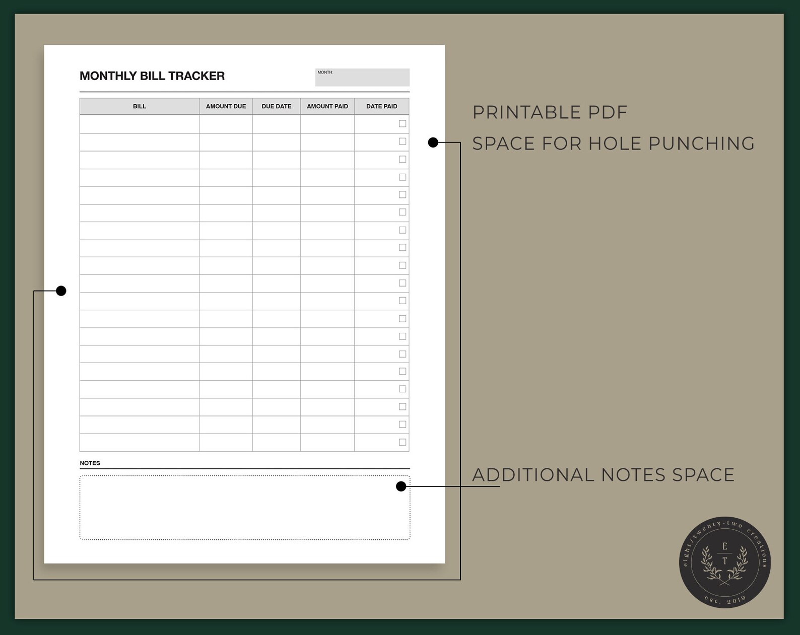 Printable Monthly Bill Tracker, Financial Log, Expense Planner, US ...