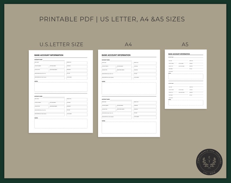Bank Account Information Tracker Printable, Bank Information Log, PDF ...
