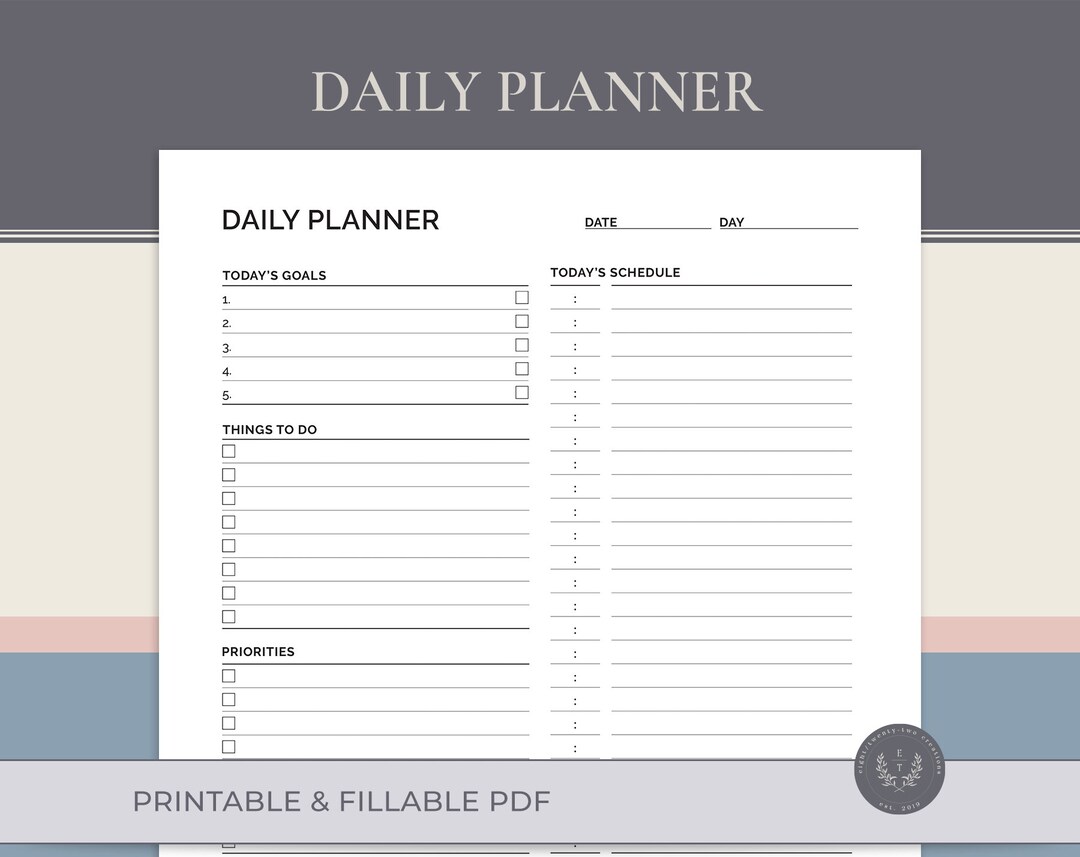 Daily Goals Planner, Printable and Fillable PDF, Daily Schedule, Things ...