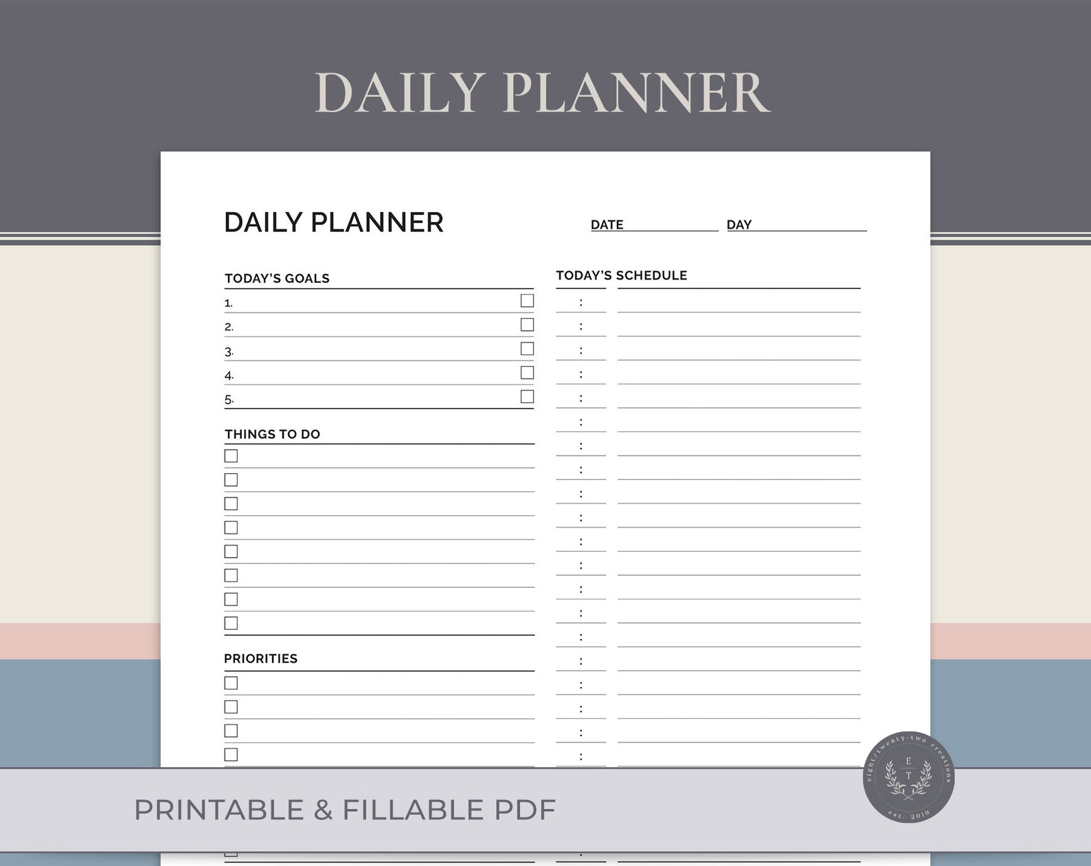 Daily Goals Planner, Printable and Fillable PDF, Daily Schedule, Things ...