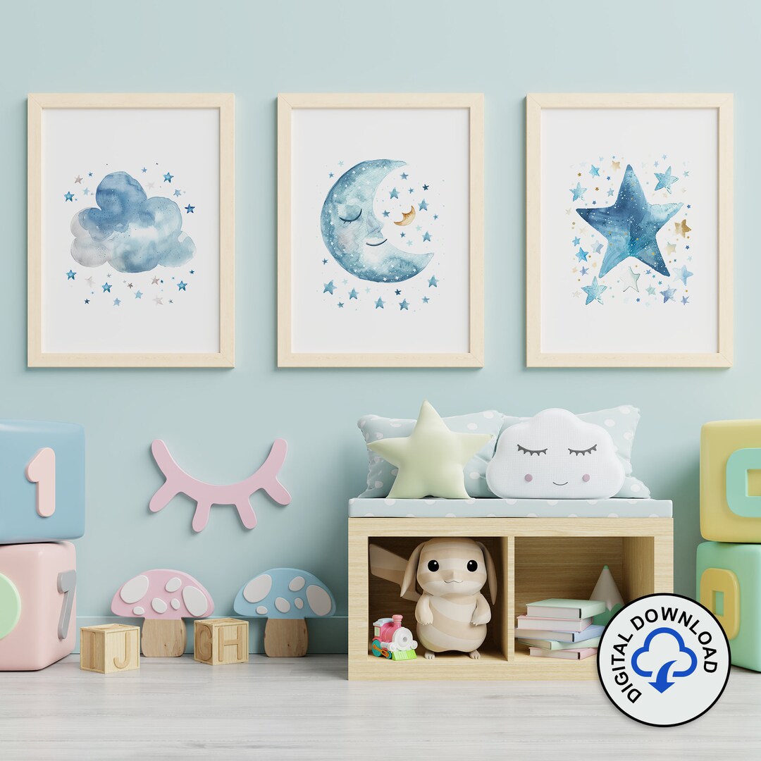 Celestial Nursery Decor Set - Moon, Star, and Cloud Printable Wall Art ...