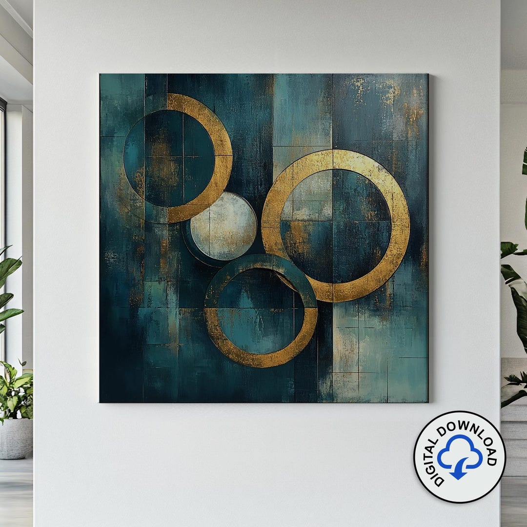 Modern Abstract Geometric Art, Gold Circle Wall Decor, Teal & Gold ...
