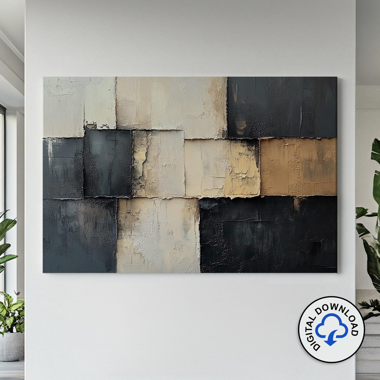 Modern Abstract Art Neutral Textured Blocks - Black, Beige, White ...