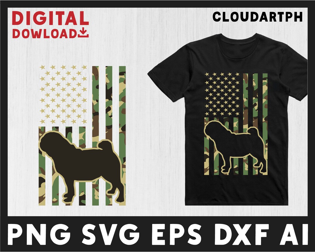 Pug Svg, USA Flag Camouflage Theme, Pug Silhouette Svg, Peeking Dog ...