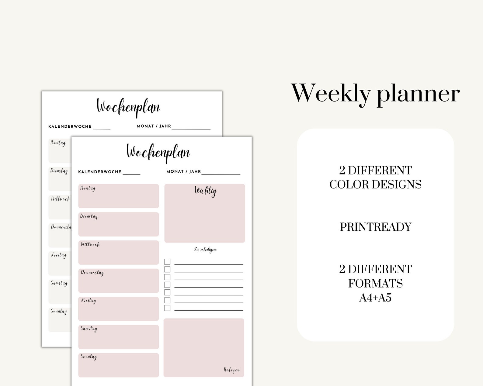Weekly Planner Ready to Print - No Dates - Two Formats A4 and A5 ...