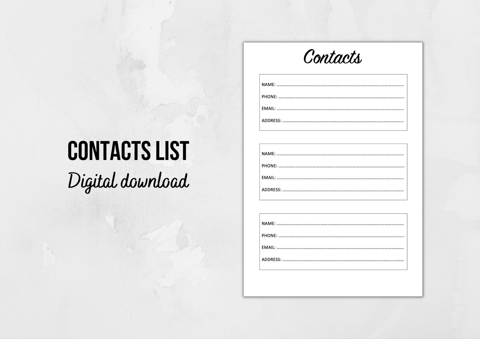 Contacts List Printable | Digital Design | Downloadable Template ...