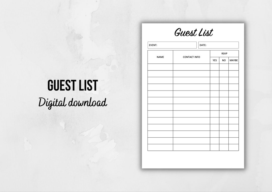 Guest List Planner Organiser Printable Downloadable Template Wedding ...