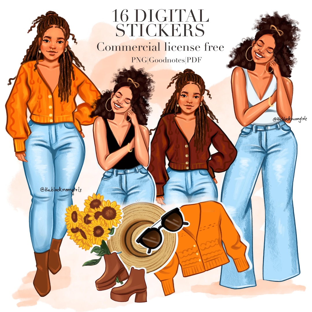 Black Girl in Denim Sticker Pack,goodnotes Stickers,black Girl Pre ...